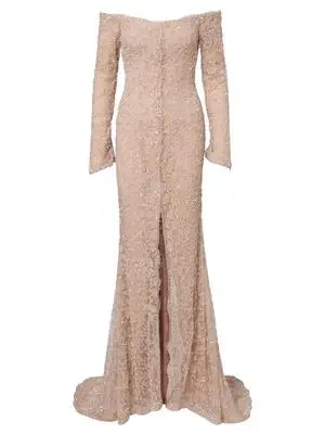 MARMAR HALIM Embellished Off-shoulder Lace Gown - Beige