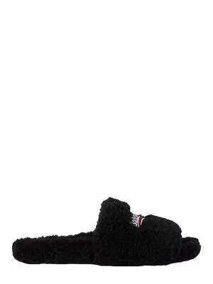 Balenciaga Embroidered Furry Slide Sandals - Black