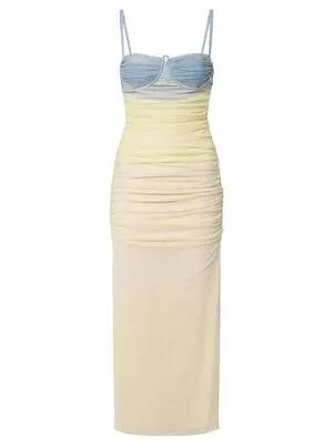 SIR. Printed Ruched Mesh Midi Dress - Yellow
