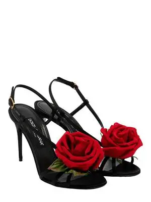 Dolce & Gabbana Floral-appliqué Satin Slingback Sandals - Black