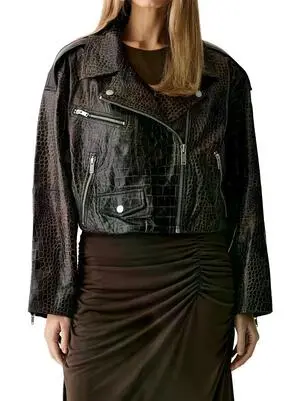 GESTUZ Croc-effect Leather Jacket - Brown