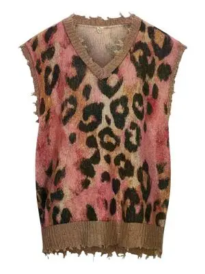 R13 Leopard Print Distressed V-neck Sweater Vest - Brown