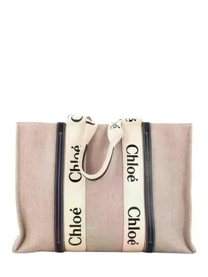 Chloé Chloé Woody Canvas Large Tote Bag With Leather Trim Black