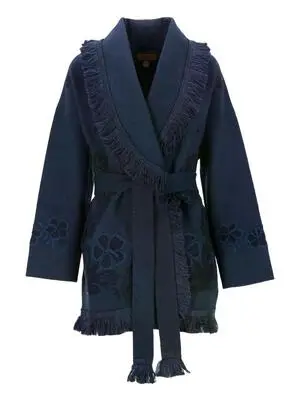 Alanui Embroidered Wool Cardigan With Fringe And Shawl Lapels - Blue