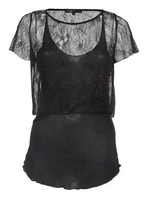 Maje Lace Overlay Short Sleeve Top - Black