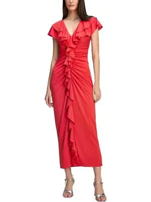 Cinq À Sept Tallis Ruffled Ruched Midi Dress Red