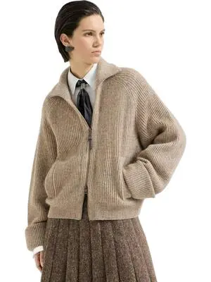 Brunello Cucinelli Sparkling Cashmere Ribbed Zip-up Cardigan - Light Brown