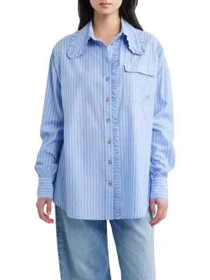 DAMSON MADDER Kendall Organic Cotton Striped Shirt With Ruffle Trim - Blue