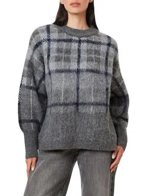 Habitual Brushed Plaid Crewneck Sweater - Grey