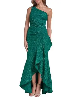 Eliza J One Shoulder Floral Jacquard Gown - Hunter