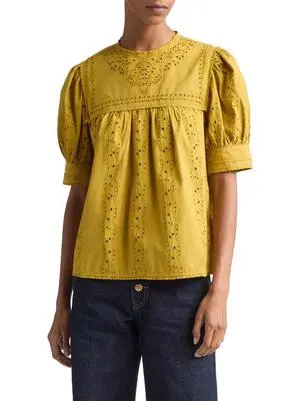 Ulla Johnson Una Eyelet Puff Sleeve Cotton Top - Citrine