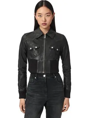 ALLSAINTS Lena Slim Fit Cropped Leather Jacket - Black