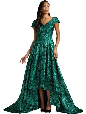 Tadashi Shoji Leontine Jacquard High-low Gown - Emerald Green/multi