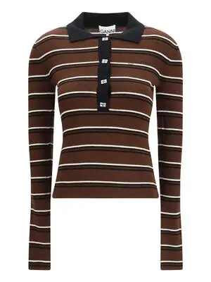 GANNI Striped Merino Polo Shirt - Brown
