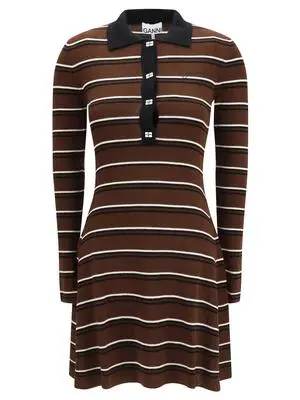 GANNI Striped Wool Polo Dress - Brown