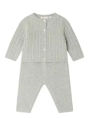 Bonpoint Cable Knit Cardigan And Ribbed Trousers Set - Green