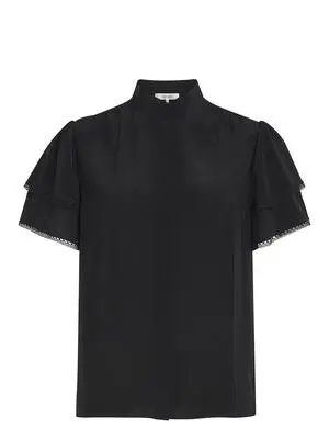 FRAME Silk Arcadia Blouse With Mandarin Collar And Layered Sleeves - Black