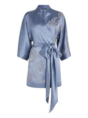 Carine Gilson Short Silk Robe With Lace Detailing - Blue