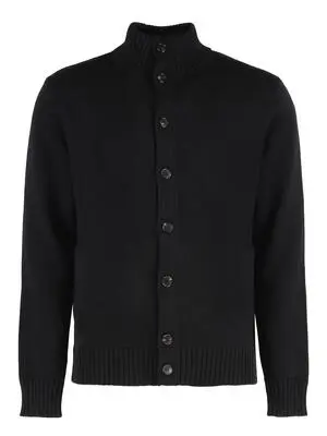 SLOWEAR Virgin Wool High Collar Button-front Cardigan With Pockets - Black