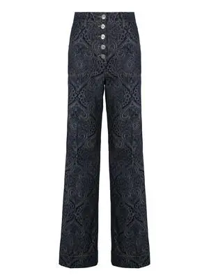 Etro Abstract Denim Jacquard Flare Jeans With Pegaso Button Closure - Blue