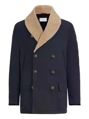 Brunello Cucinelli Brunello Cucinelli Double-Breasted Bonded Nylon Coat With Shearling Lining Blue