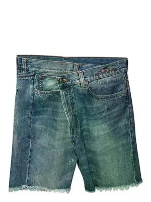 R13 Asymmetric Closure Frayed Edge Denim Shorts - Blue