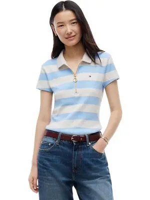 Tommy Hilfiger Women's Slim Fit Rugby Striped Zip Polo - Light Blue