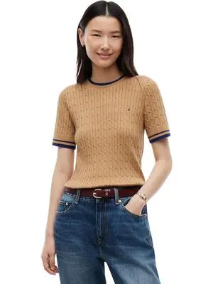 Tommy Hilfiger Short Sleeve Cable Knit Sweater - Timeless Camel
