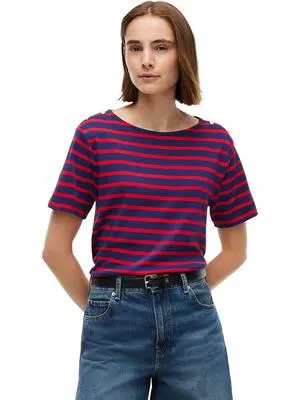 Tommy Hilfiger Striped Cotton Interlock T-shirt With Gold-tone Buttons - Red Combo
