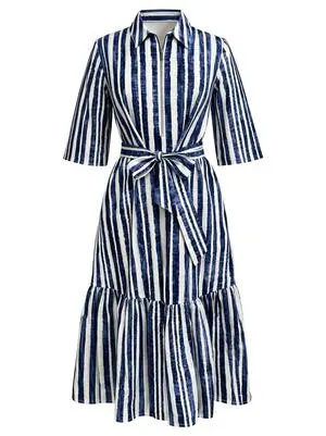 EXQUISE Darcio Shirt Collar Short Sleeve Belted Midi Dress - Royal Blue Blue