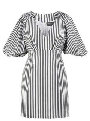EXQUISE Striped V-neck Mini Dress With Balloon Sleeves - Black/white