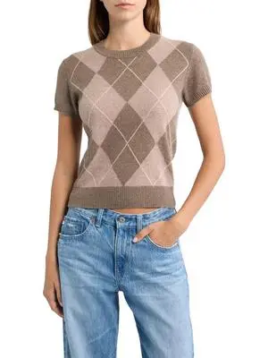 REFORMATION Darcy Short Sleeve Cashmere Sweater Argyle Pattern - Oak Argyle