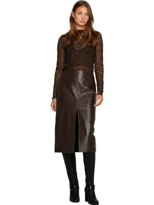 BELLE & BLOOM Leather Pencil Skirt With Front Split - Dark Brown