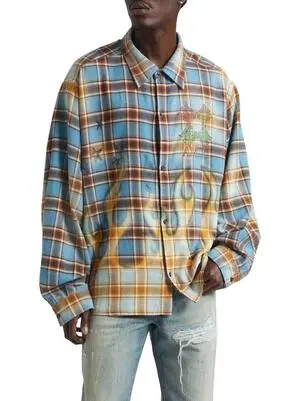 Amiri Ma Quad Flames Plaid Cotton Flannel Button-up Shirt - Blue