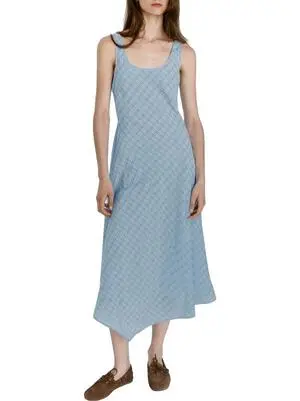 Mango Checked Asymmetrical Midi Dress - Sky Blue
