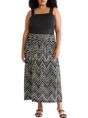 Loveappella Sleeveless Square Neck Maxi Dress With Printed Skirt - Black/ivory