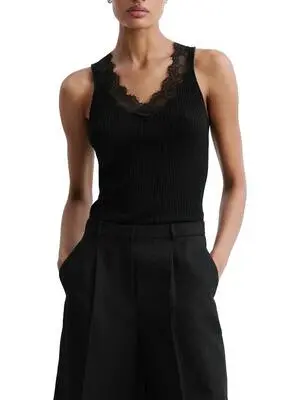 Mango Ribbed Lyocell Tank With Lace Trim - Black