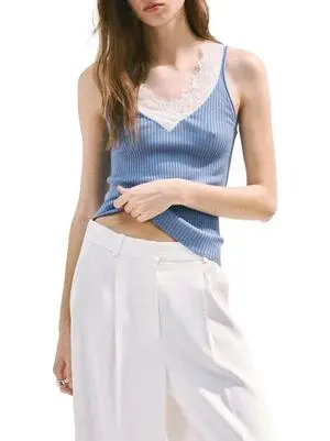 Mango Ribbed Lyocell Tank With Lace Trim - Sky Blue