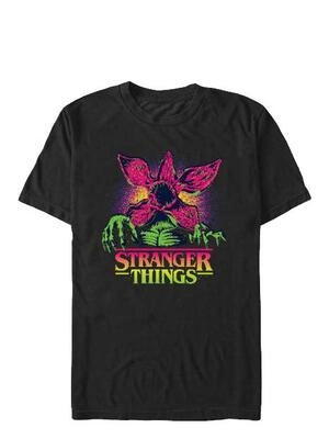 STRANGER THINGS Netflix Demogorgon Neon Pixel Logo Short Sleeve Graphic T-shirt - Black