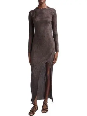 Missoni Ribbed Long Sleeve Maxi Sweater Dress With Front Slit - Brown