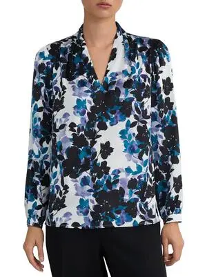 KASPER Pleated Shoulder Floral Print V-neck Top - Vanilla Ice Multi