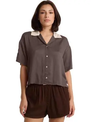 Volcom Cropped Button-up Shirt With Contrast Trim - Chicory Coffee