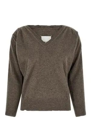 MAISON MARGIELA V-neck Ribbed Knit Sweater With Distressed Effect - Brown