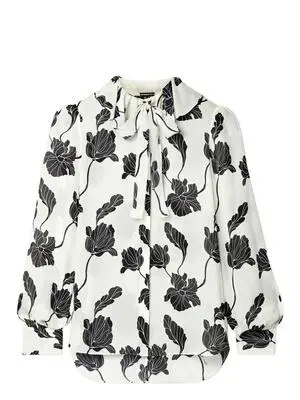 Adam Lippes Floral Printed Silk Crepe De Chine Tie Neck Blouse - No
