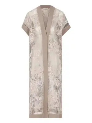 Brunello Cucinelli Brunello Cucinelli Embroidered Mesh Long Cardigan Beige