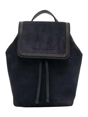 Brunello Cucinelli Beaded Foldover Suede Backpack - Black
