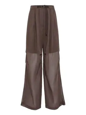 Brunello Cucinelli Semi-sheer Wide-leg Belted Trousers - Chocolate-colored