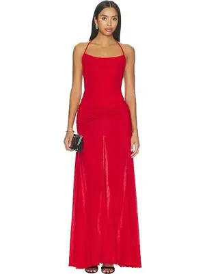 SIEDRES Siedres Nensi Ruched Mesh Maxi Dress In Red.