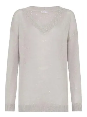 Brunello Cucinelli Sequin-embellished V-neck Jumper - Light Gray