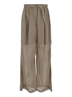 Brunello Cucinelli Semi-sheer Belted Wide-leg Trousers - Gray